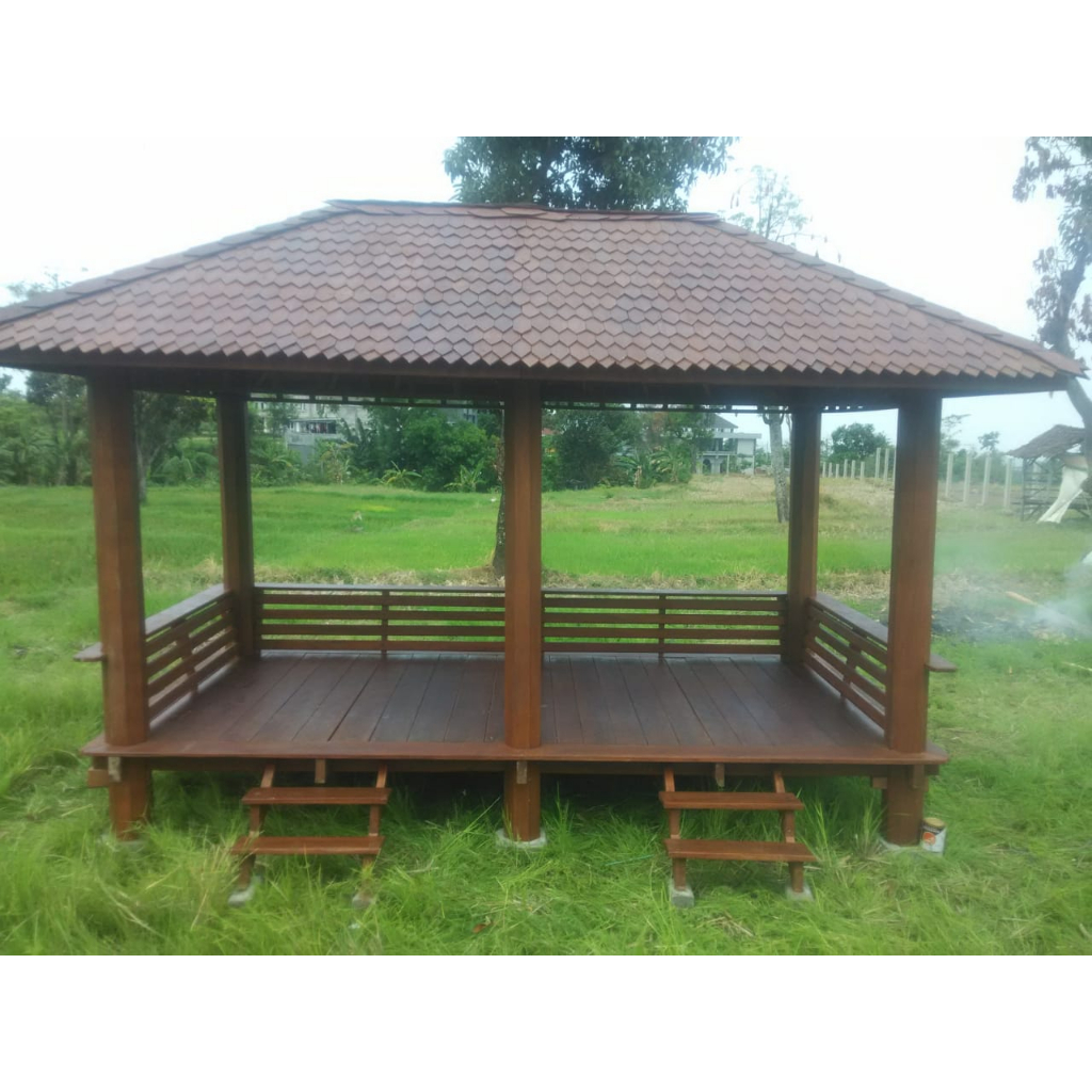 Jual Gazebo 4x2 Meter Kayu Kelapa Desain 6 Tiang Atap Sirap Kayu Ulin ...