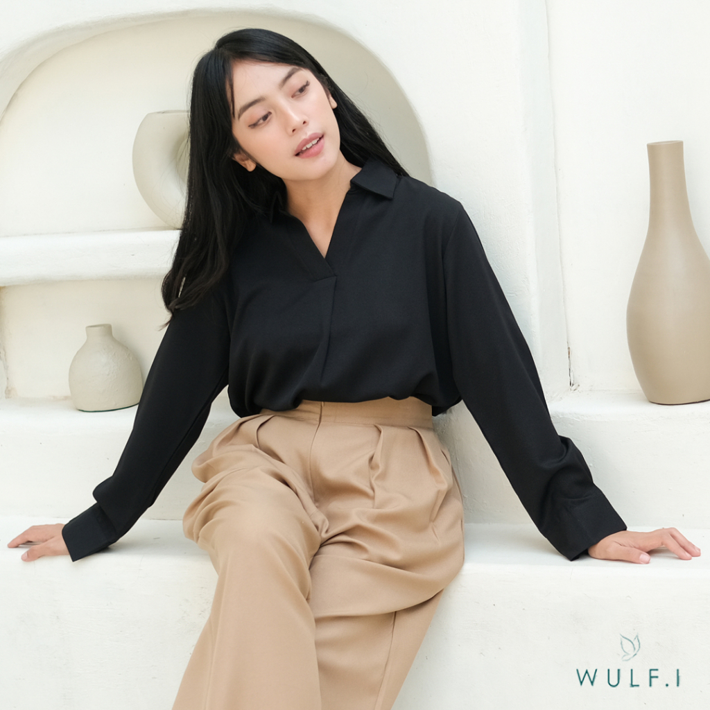 Jual Wulfi Atasan Kemeja Plus Black / Kemeja Lengan Panjang Hitam / Kemeja Kantor / Blouse ...