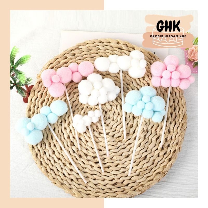 Jual Cake Topper Hiasan Kue Cloud Pom Blue Pink White TERLENGKAP ...