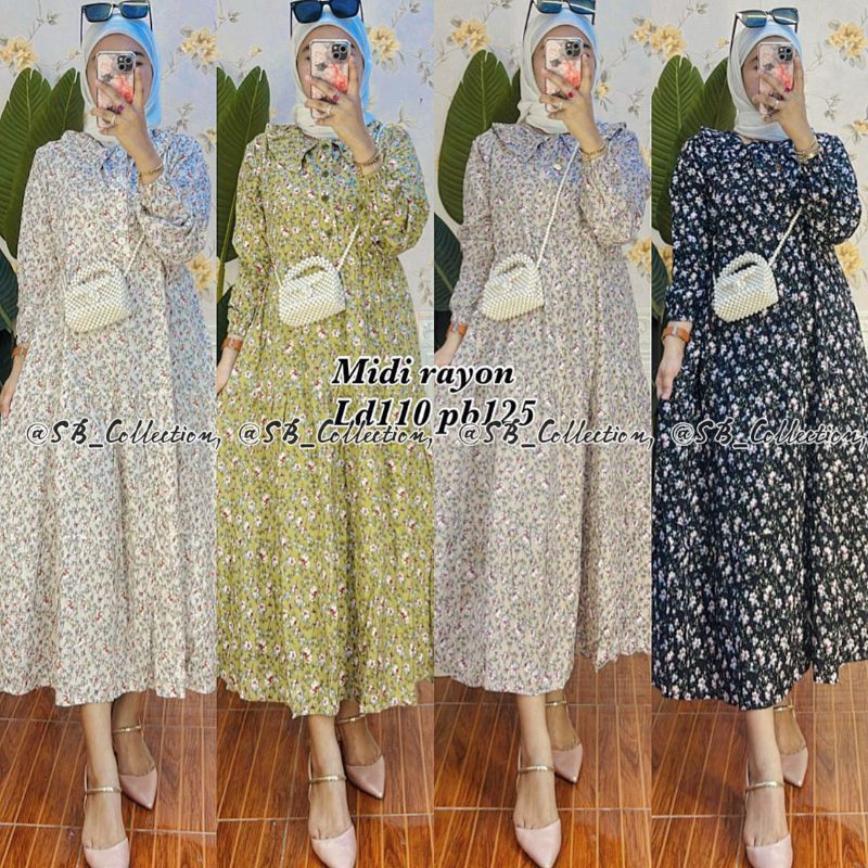 Jual Midi Dress susun Rayon premium motif bunga, Free Gesper (Busui) | Shopee Indonesia