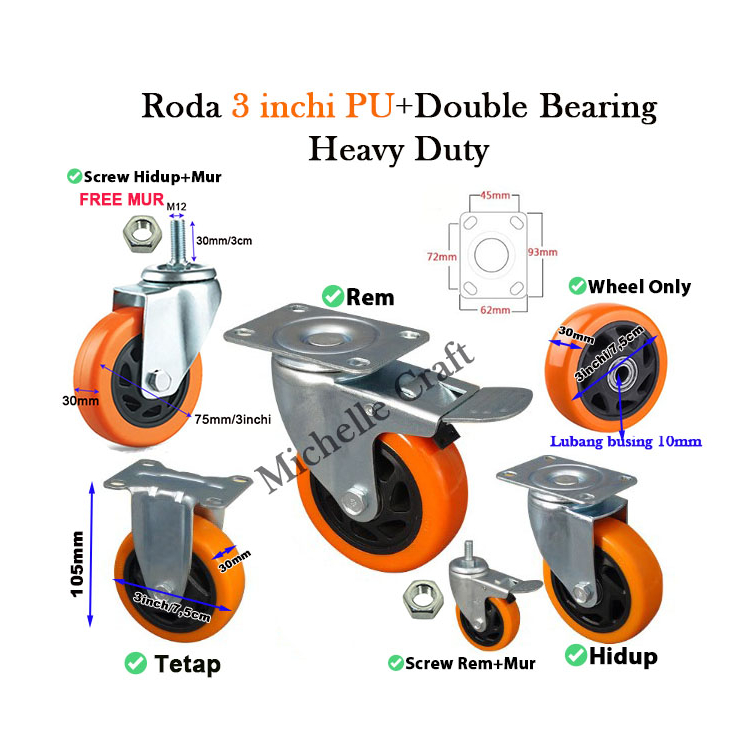 Jual Roda 3 inchi PU Heavy Duty + Dobel bearing caster Troli etalase WO ...