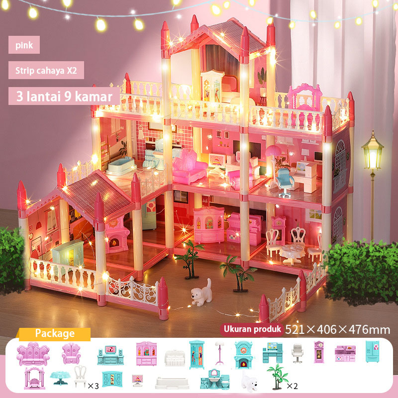 Jual 3D Princess Big Villa DIY Rumah Boneka Pink Castle Bermain Rumah ...
