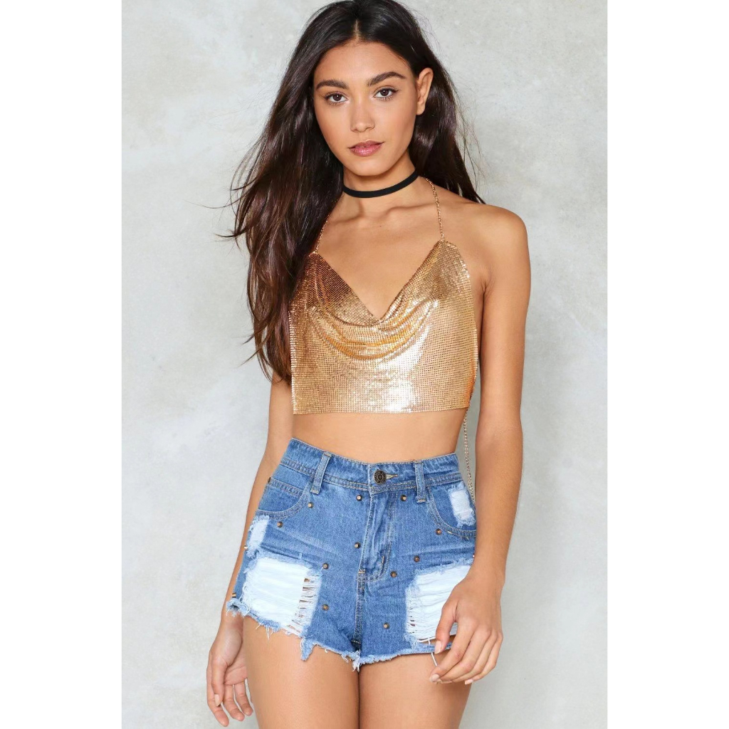 Jual Summer Women Elegant Sexy Shiny Metal Texture Suspender Top Club