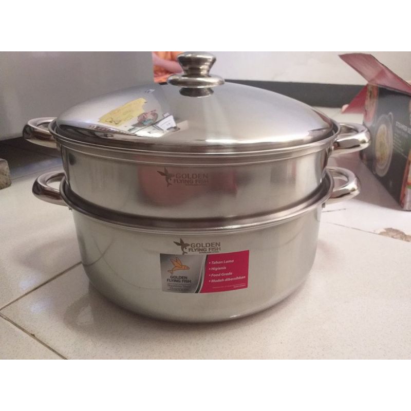 Jual Panci Steamer/ kukus Golden Flying Fish 36 cm susun 2 Tutup Stainless | Shopee Indonesia