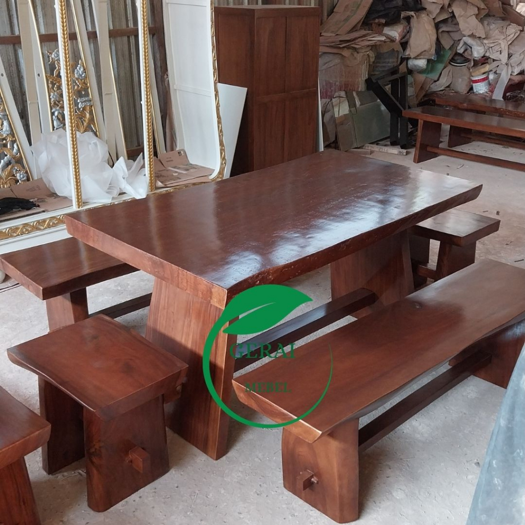 Jual Meja Makan Solid Kayu Suar Trembesi 140 cm x 70 cm Set Untuk Meja ...