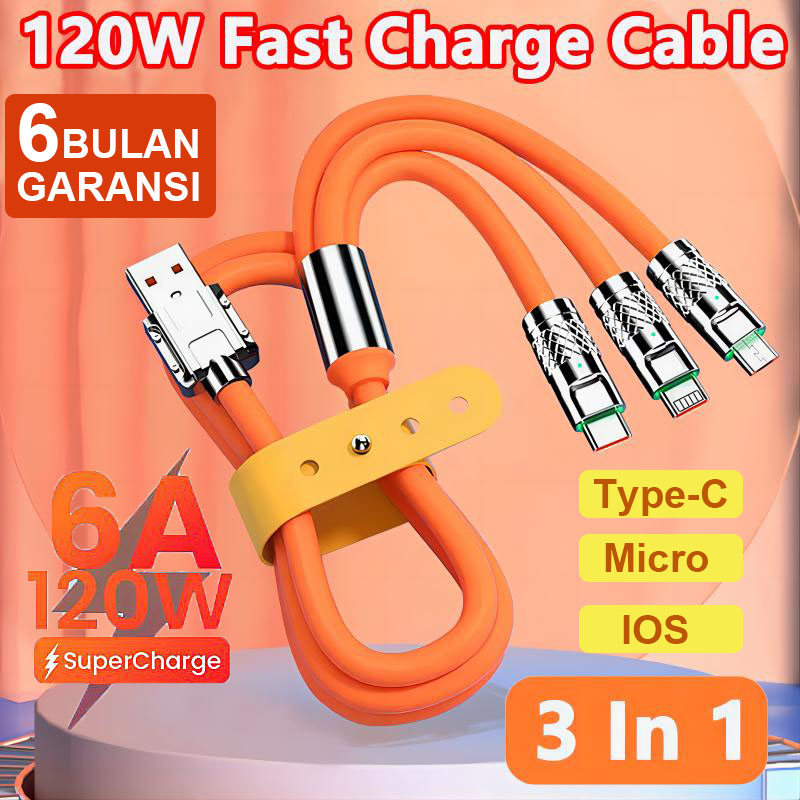 Jual 120W 3in1 Kabel Data Metal 6A Charger Untuk Fast Charging Silikon Cable Data USB Charger ...