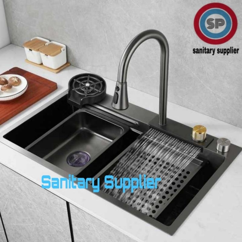 Jual KITCHEN SINK 7545 BLACK LUXURY LENGKAP KRAN TARIK DAN WATER FALL ...
