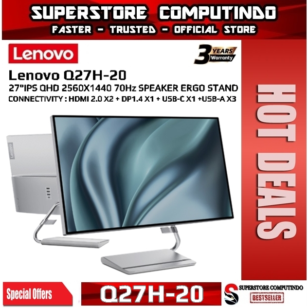 Jual Monitor Lenovo Q27H-20 27" IPS QHD 1440p 70Hz HDMI DP USB-C ...