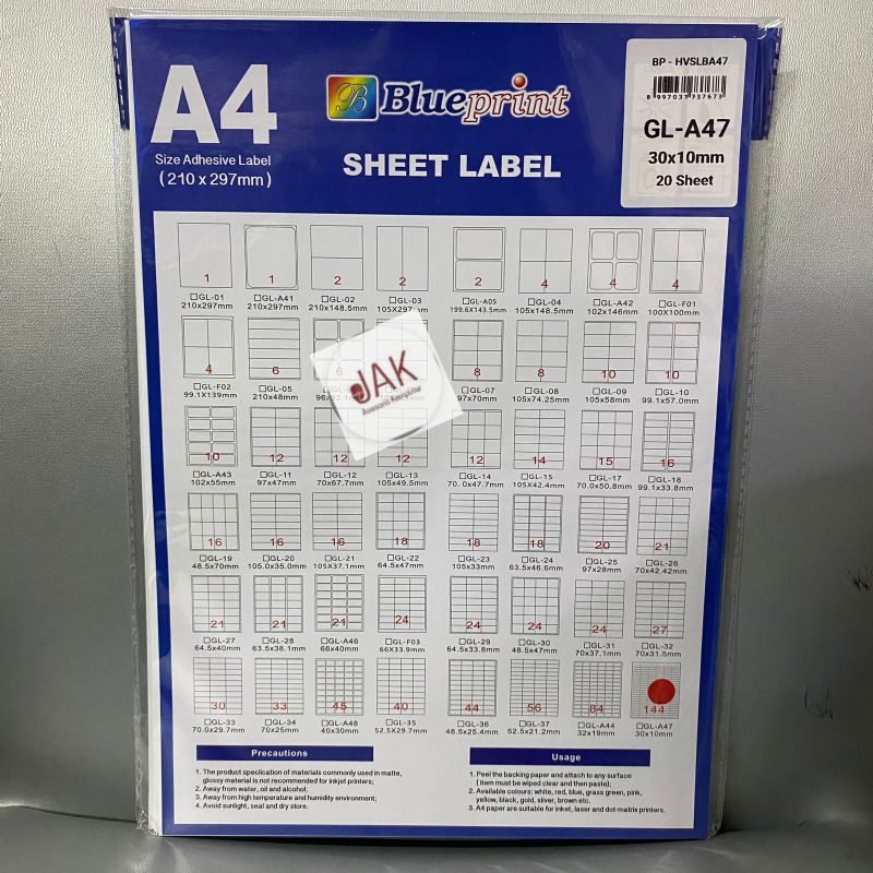 Jual Kertas Label Sticker HVS Doff A4 BLUEPRINT Uk 30 x 10 mm - 20 ...