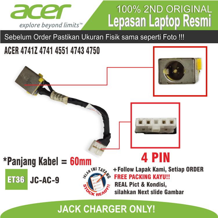 Jual ET36 JC-AC-9 Konektor Jack Charger Laptop ACER ASPIRE 4741Z 4741 ...