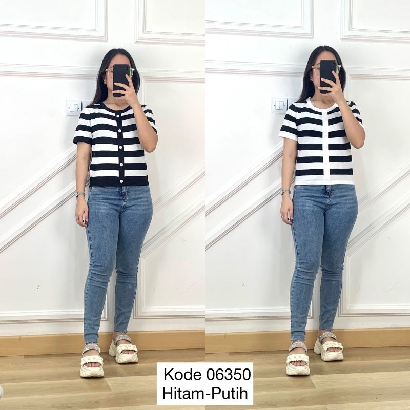 Jual 06350 Blouse Rajut Knit Salur Stripe Oblong Casual Tangan Pendek ...
