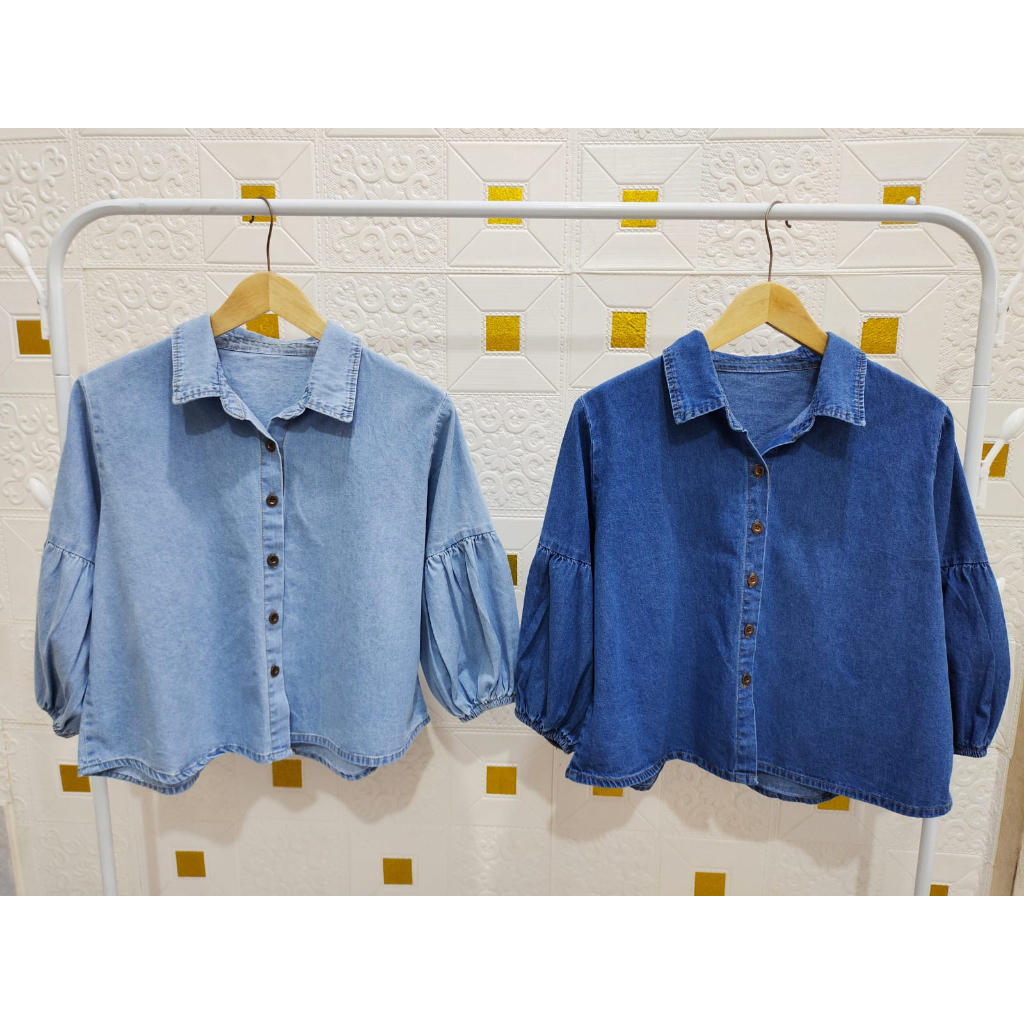 Jual SEVEN.CLOTH KEMEJA JEANS OVERSIZE POLOS LENGAN BALON PUFF | Shopee ...