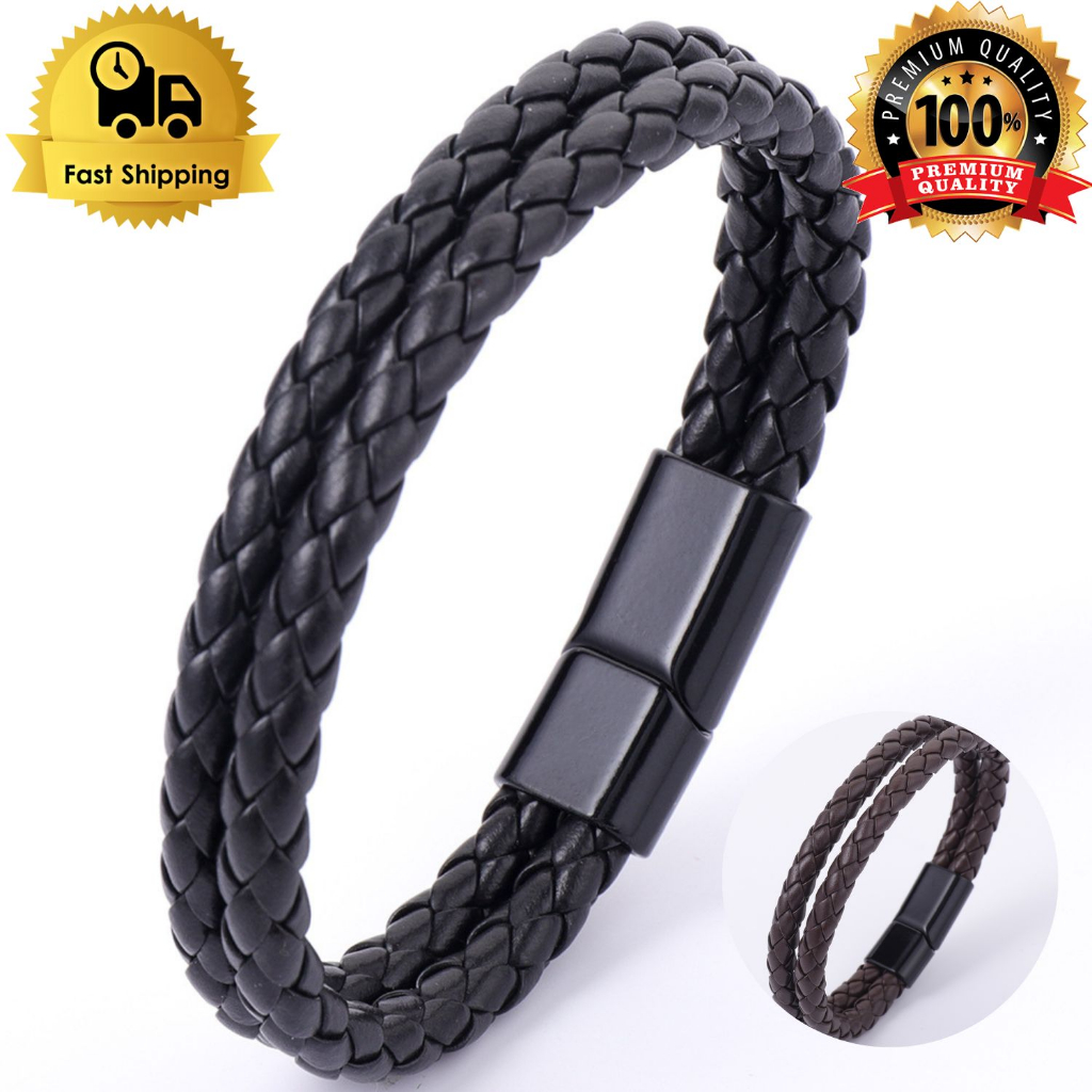 Jual Gelang Pria Hitam Kulit Asli Tangan Coklat Clasp Magnet Titanium ...