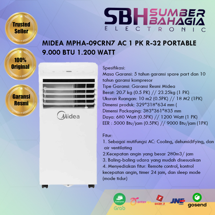 Jual MIDEA MPHA-09CRN7 AC 1 PK R-32 PORTABLE 9.000 BTU 1.200 WATT (NEW) (KHUSUS BANDUNG ...