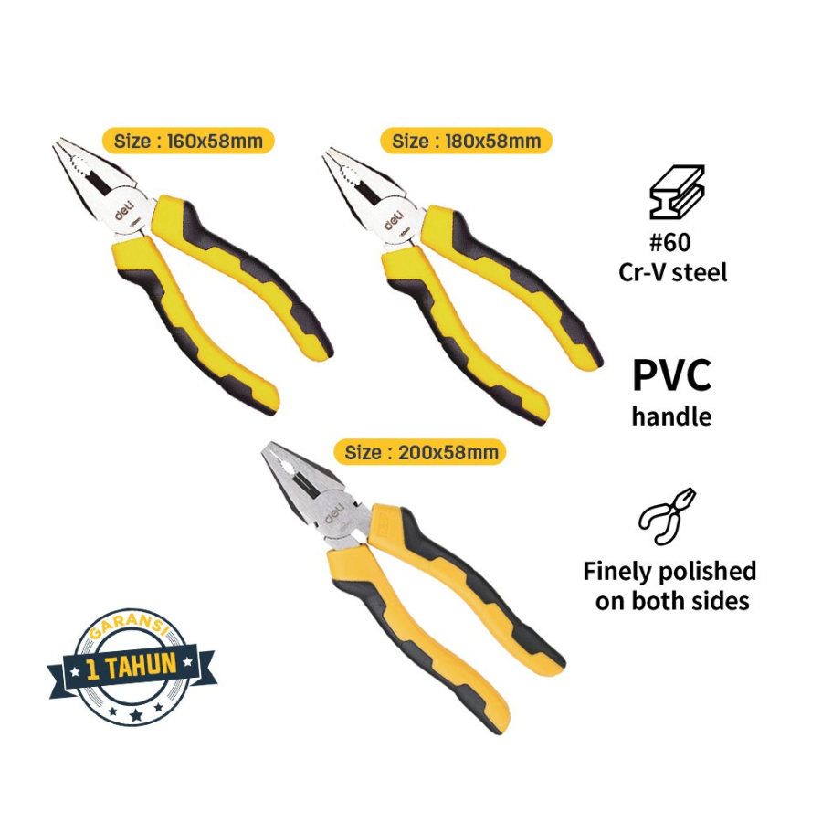 Jual Deli Tang Kombinasi / Plier 6/7/8 inch Ergonomis Alat Perkakas ...