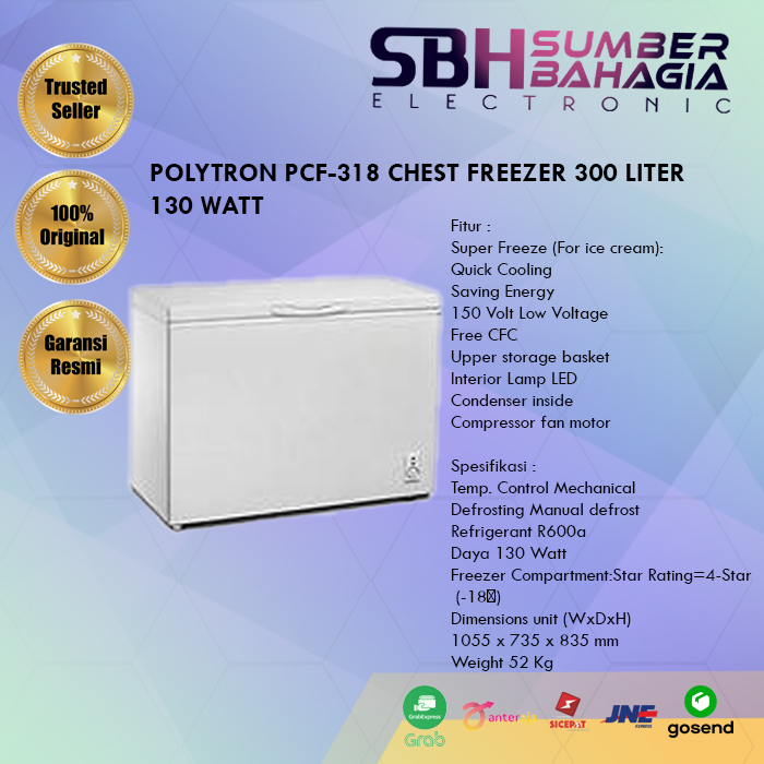 Jual POLYTRON PCF-318 CHEST FREEZER 300 LITER 130 WATT (NEW)(KHUSUS ...