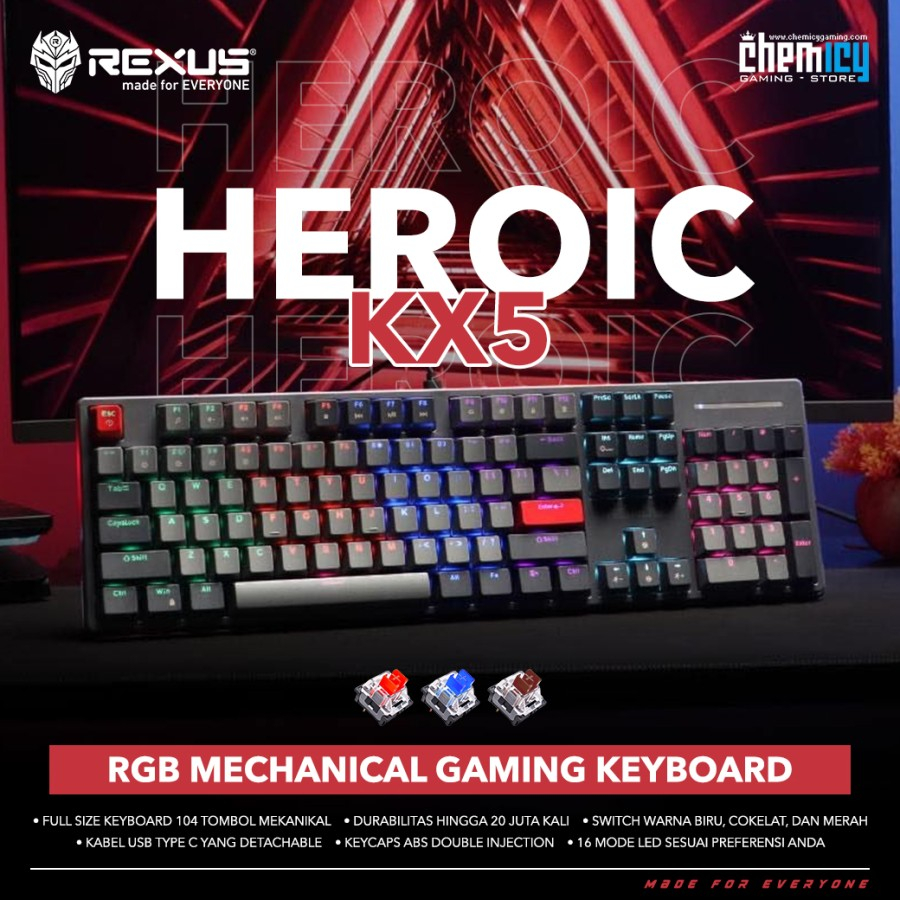 Jual Rexus Heroic KX5 Fullsize Mechanical Gaming Keyboard | Shopee Indonesia