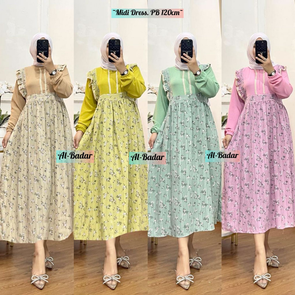 Jual MIDI DRESS CRINGKLE POLOS MIX MOTIF BUNGA/MIDI DRESS MODEL TERBARU ...