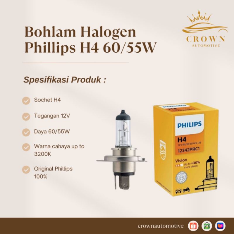 Jual Bulb Philips Halogen H4 12V 60/55W Standar / Bohlam Philips H4 12V ...