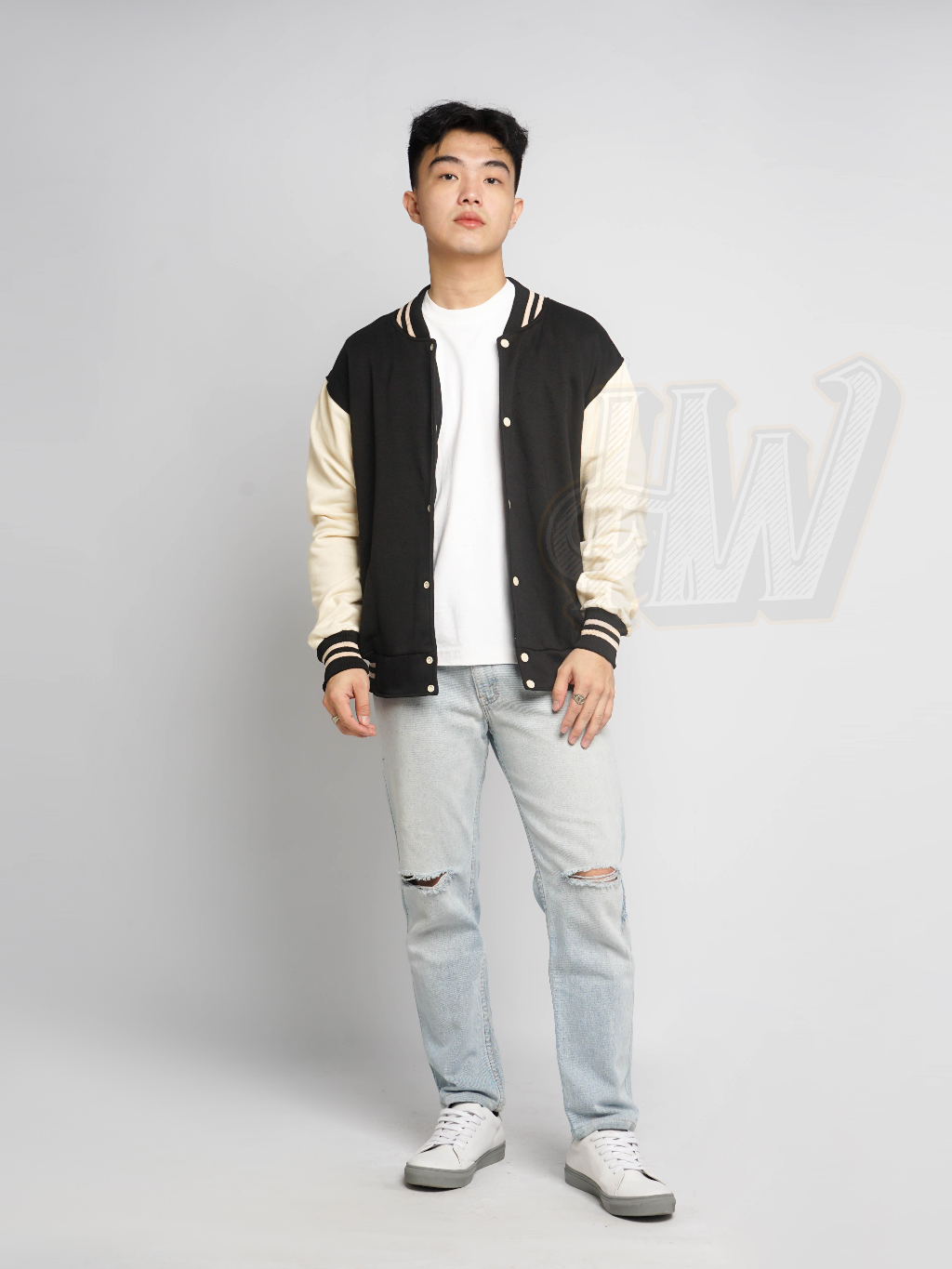 Jual Jaket Basebal Varsity Kancing Hitam Tangan Cream Polos Pria dan ...