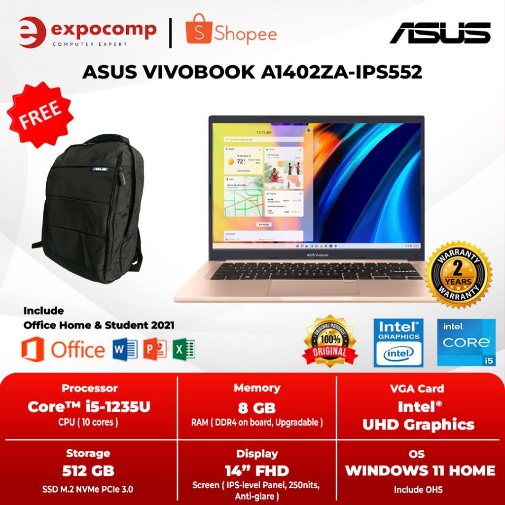 Jual ASUS VIVOBOOK 14 A1402ZA-IPS552 TERRA COTTA CORE i5-1235 | Shopee ...