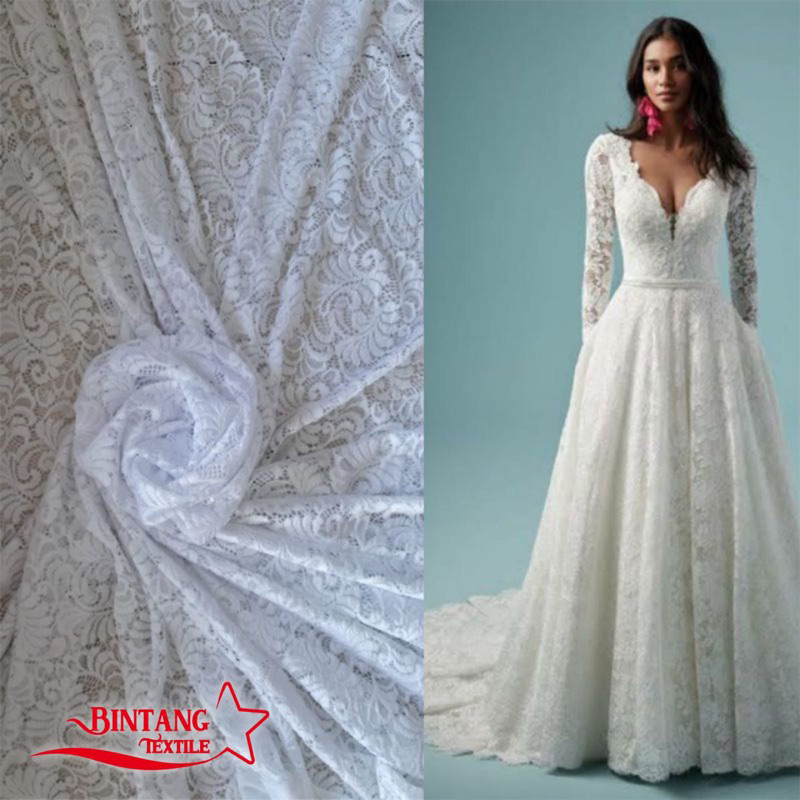 Jual Kain Bahan Brokat Paris Putih Bersih melar lentur stretch Wedding ...