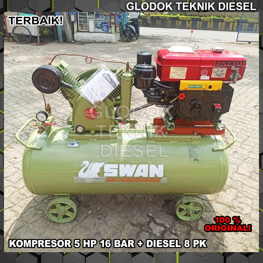 Jual SWAN Kompresor Angin 5 HP 16 Bar + Engine Diesel High Pressure ...