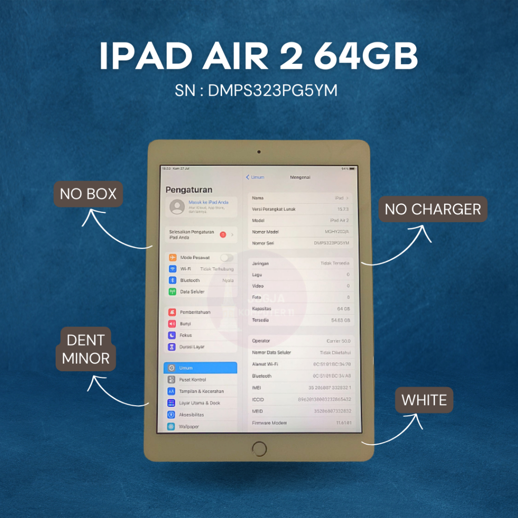 Jual IPAD AIR 2 WHITE 64GB MULUS WIFI CELLULAR SECOND UNIT ONLY ...