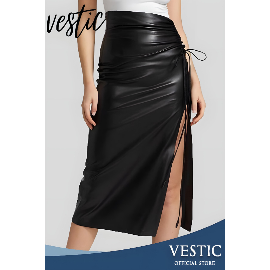 Jual Rok Midi Wanita Kulit Semi Chic Serut Paha Kiri Pinggang Tinggi ...