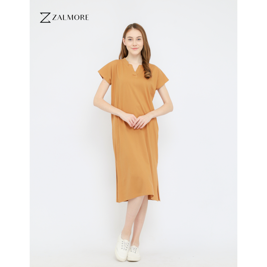 Jual Zalmore Luma Cotton Vneck Loose Midi Dress with Slit Premium ...