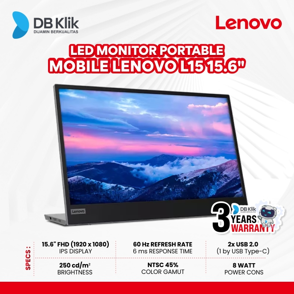 Jual Led Monitor Portable Mobile Lenovo L15 15.6" Ips 60Hz Fhd Usb C ...
