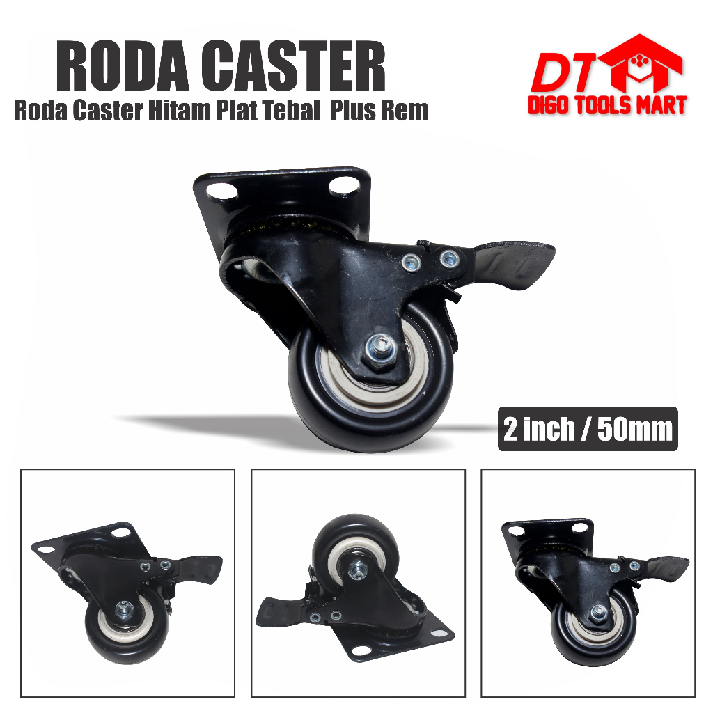 Jual Roda Caster Hitam Plat Tebal Hidup Plus Rem 2 Inci Roda Nylon ...