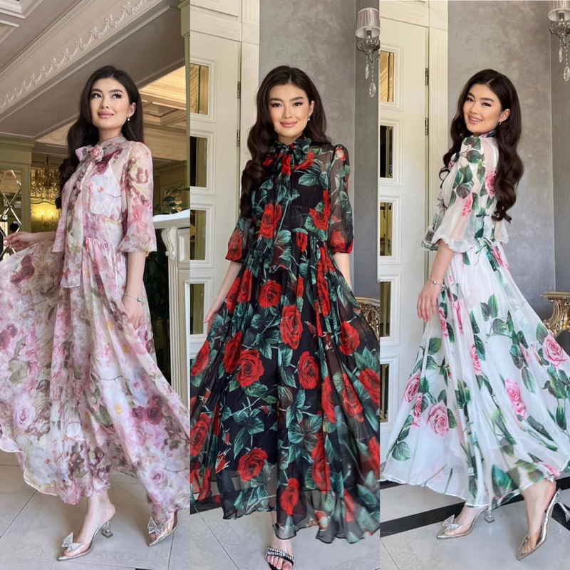 Jual D1323 DONKER KOREAN STYLE FLORAL VINTAGE MIDI MAXI DRESS BUNGA ...