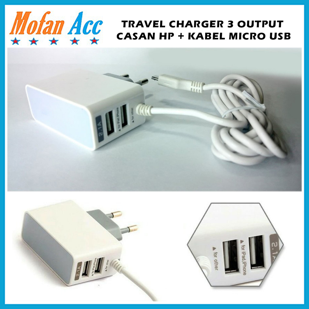Jual Travel Charger 3 Output 2.1A Kabel Data Casan HP Android 3in1 Dual ...