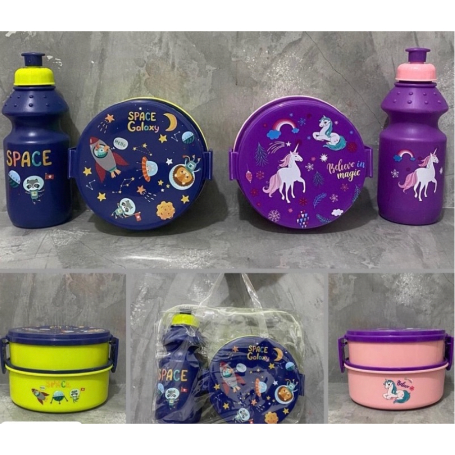 Jual Tempat Makan Botol Minum Set Tempat Makan Anak 2 Tingkat / Lunch Box Kotak Makan Unicorn ...