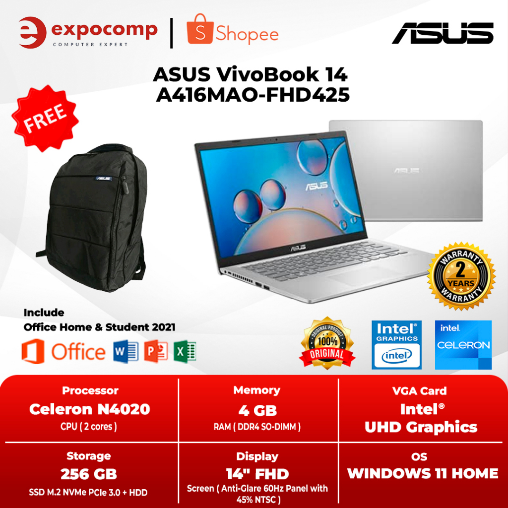 Jual ASUS VivoBook 14 A416MAO-FHD425 SILVER N4020 4GB 256GB W11+OHS ...