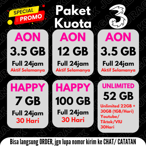 Jual Paket Data Isi Ulang Inject Paket Kuota 3 Tri AON HAPPY Unlimited Nasional - Langsung ORDER ...