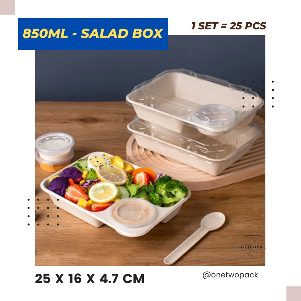 Jual [25 pcs] Bagasse Salad Box 850 mL Compartment Sauce / Wheat Straw Take Away Box Sekali ...