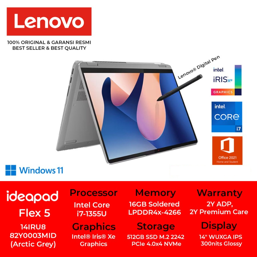 Jual Lenovo IP Flex 5 Intel Core i7-1355U|16GB DDR4|512GB SSD|14 WUXGA IPS|TouchPen|W11 OHS2021 ...