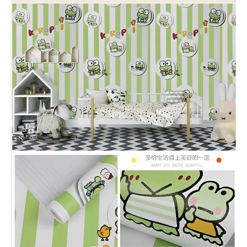 Jual Wallpaper Sticker Dinding Karakter Keroppi Garis-garis Putih Hijau Cocok Untuk Kamar Anak ...