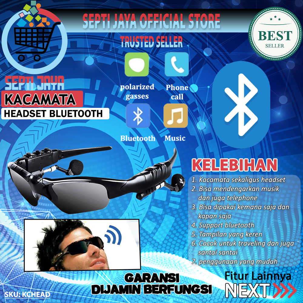 Jual Headset Bluetooth Kacamata Hitam MP3 Earphone Stereo Wireles ...