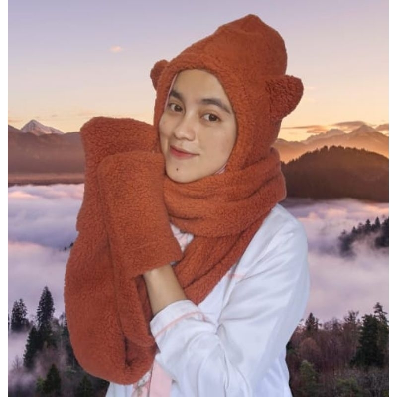 Jual TOPI JENNIE BULU BERUANG SYAL PANJANG COKLAT WOL TELINGA BEAR ...