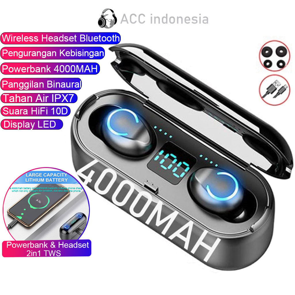 Jual Headset Bluetooth F9 TWS Earphone Bluetooth 5.3 NIRKabel Powerbank 4000MAH Display ...
