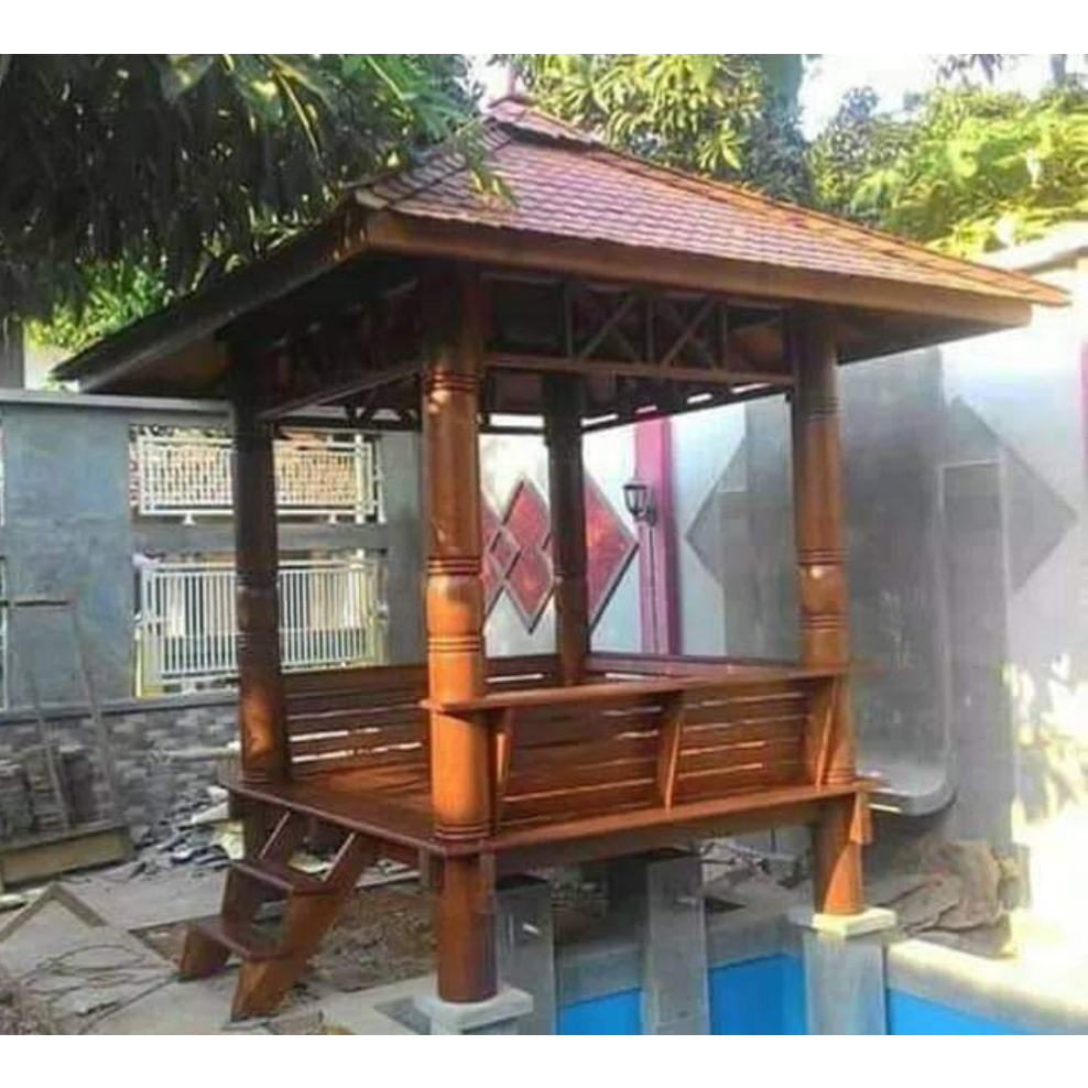 Jual Gasebo Kolam Ukuran 2x2 Meter Desain Tiang Motif Atap Sirap Kayu ...