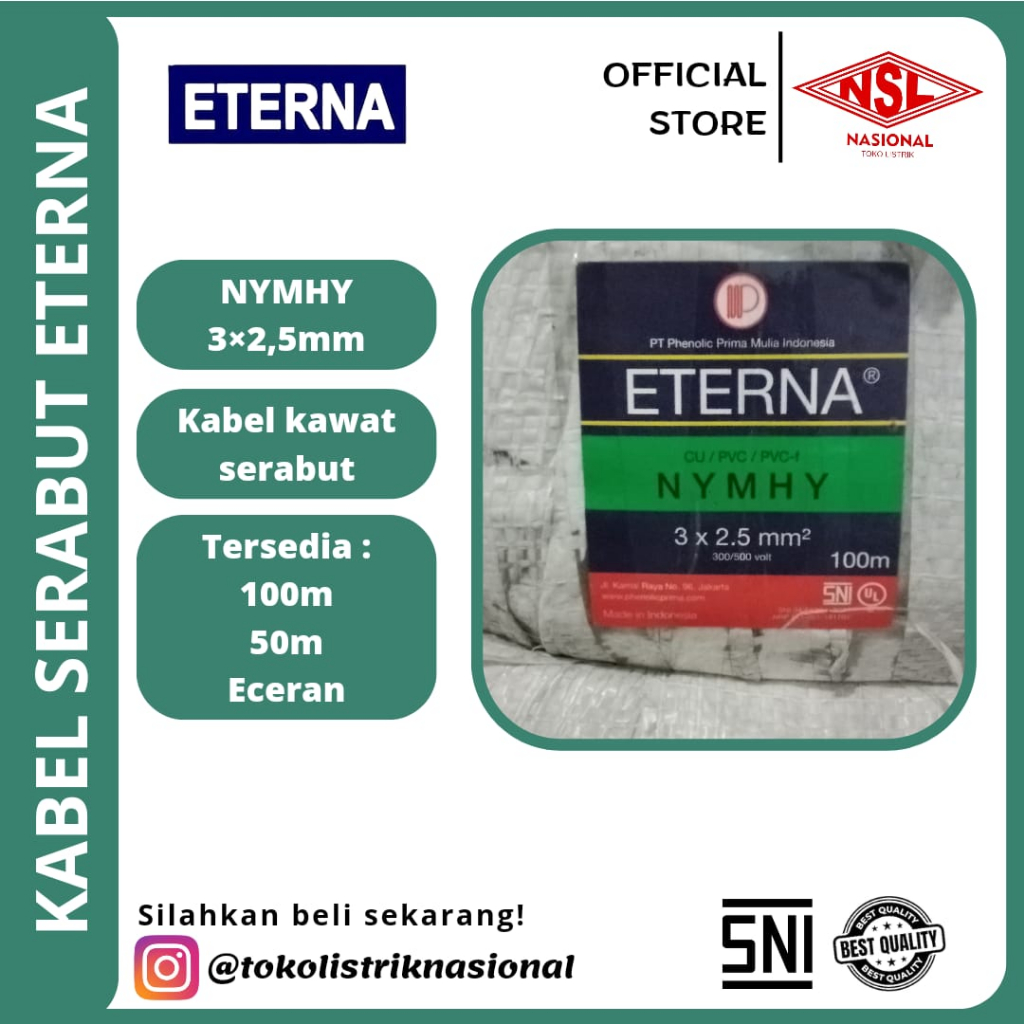 Jual KABEL NYMHY 3x2,5 Merk ETERNA (Kawat Serabut) | Shopee Indonesia