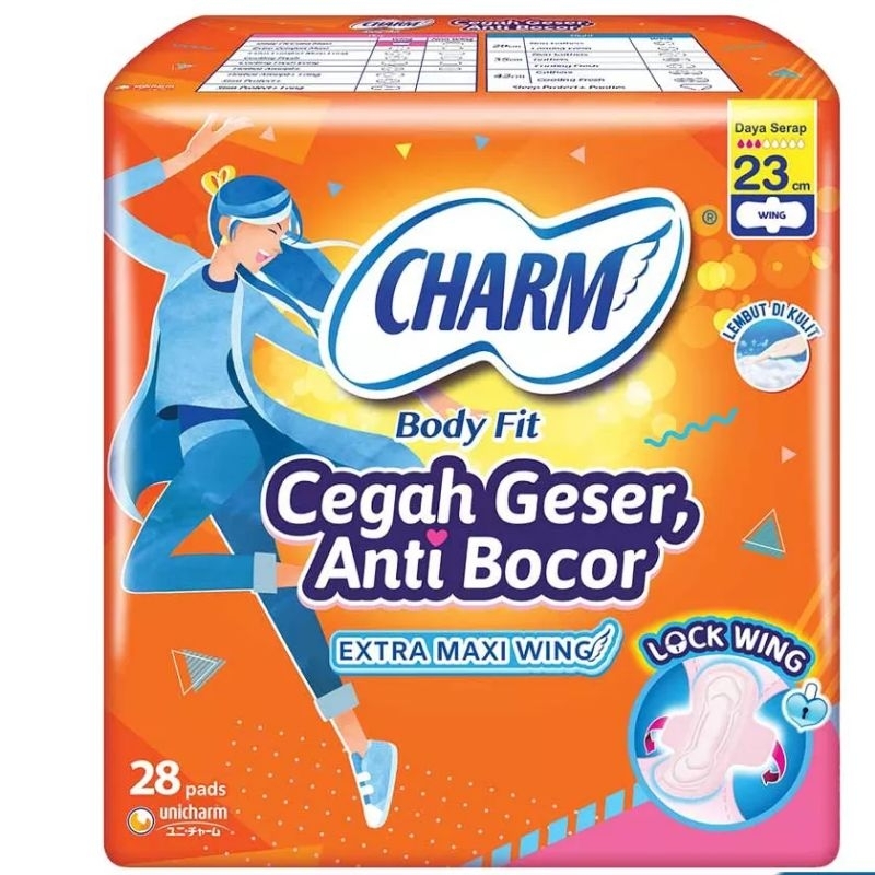 Jual CHARM Pembalut Wanita Body Fit Extra Maxi WING 28 pads (23cm ...