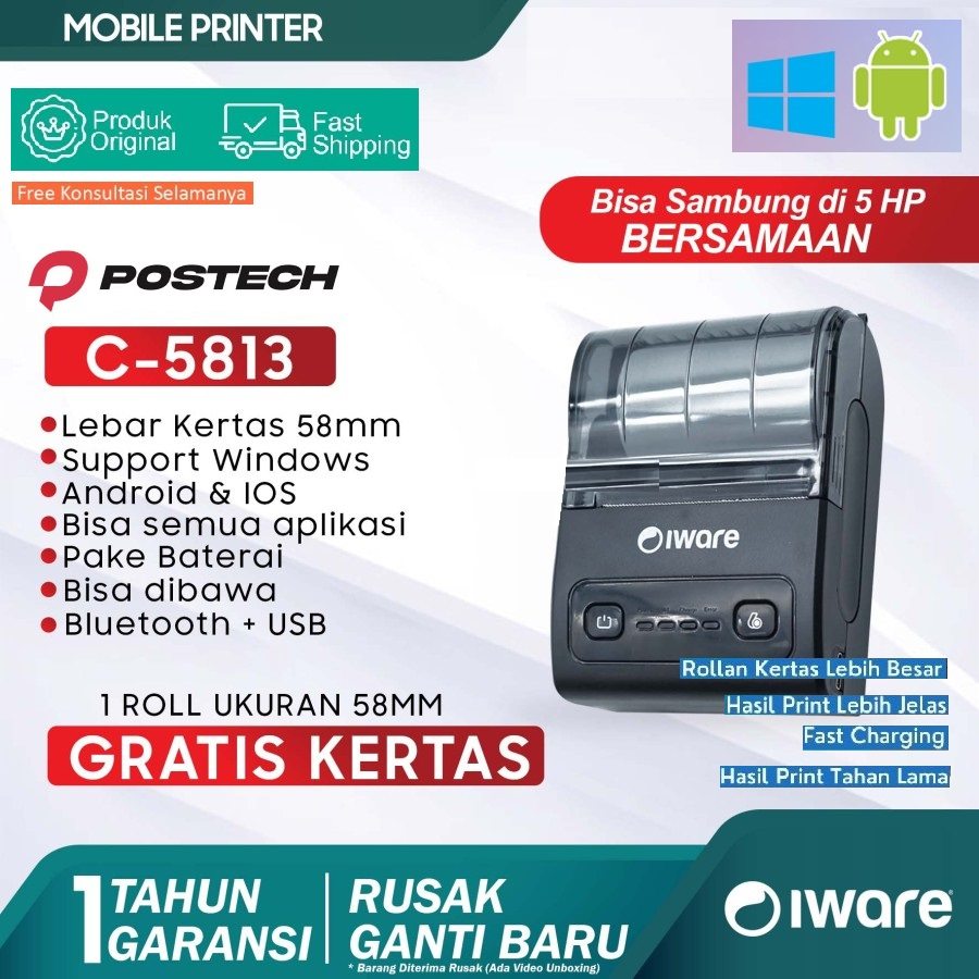 Jual PRINTER BLUETOOTH CETAK NOTA KASIR PEMBAYARAN 58MM + BONUS KERTAS ...