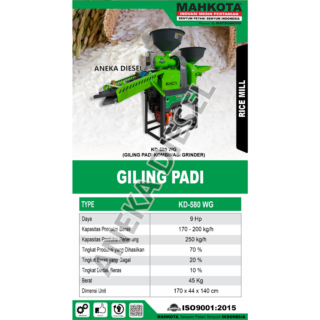 Jual Mesin Giling Padi KD 580WG MAHKOTA Gilingan Padi dan Penepung Tepung KD 580WG MAHKOTA ...