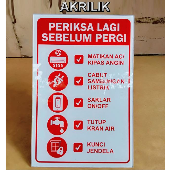 Jual Sign Akrilik Stiker PERIKSA LAGI SEBELUM PERGI, AC,LISTRIK,AIR ...