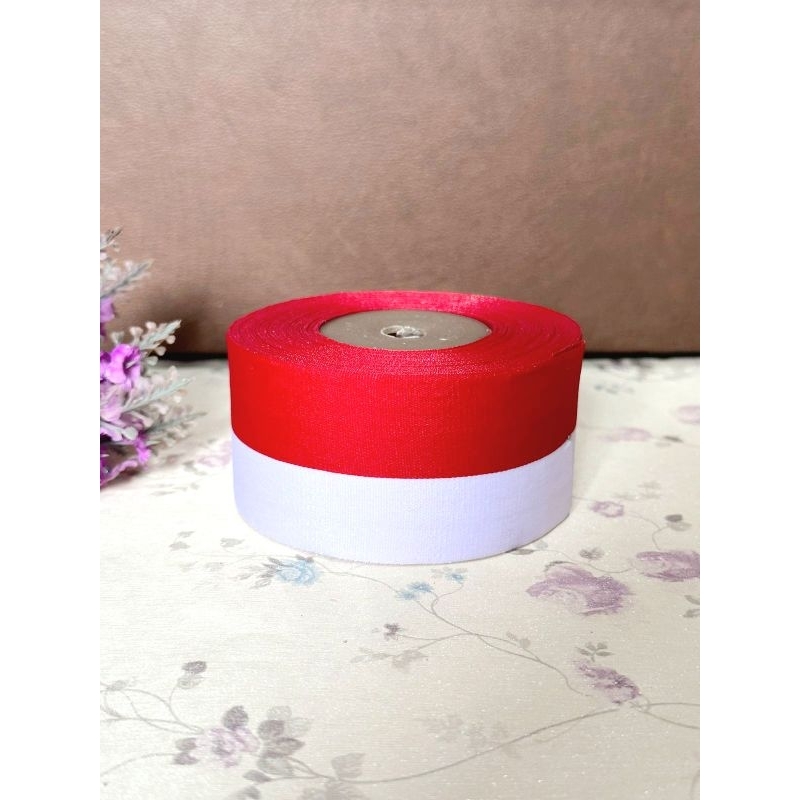 Jual PITA SATIN MERAH PUTIH 1/2 INCH 1 INCH / KAIN PITA SATIN MERAH ...